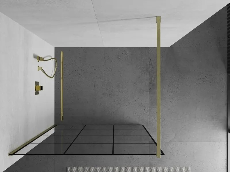 Mexen Kioto, sprchová zástěna Walk-In 100 x 200 cm, 8mm čiré sklo černý vzor, zlatý matný profil, 800-100-101-55-77