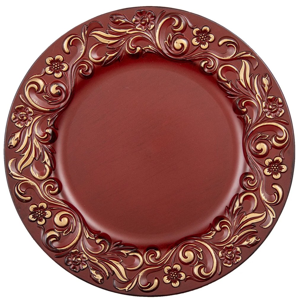 Červeno zlatý plastový dekorativní talíř s ornamenty - Ø 33*2 cm