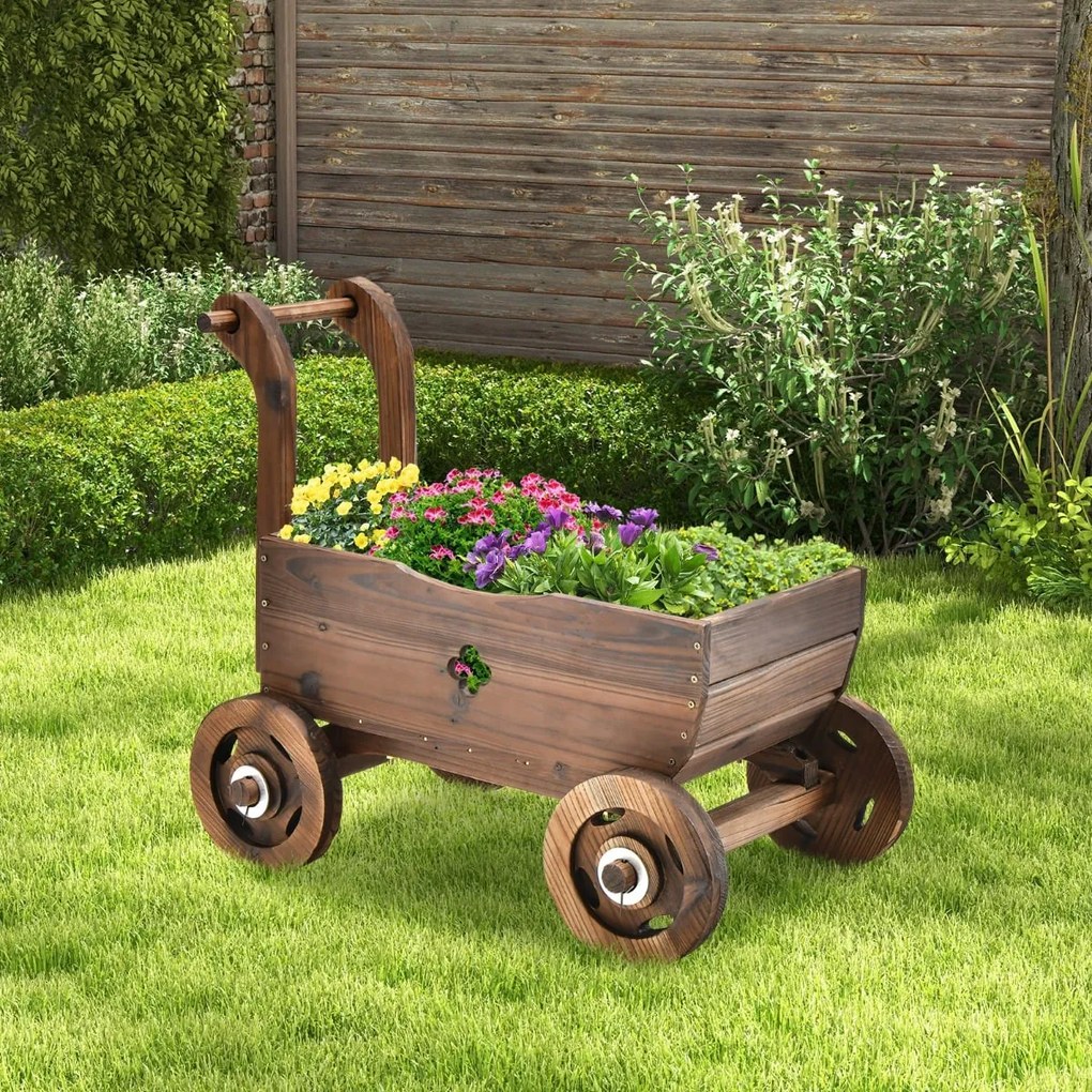 Costway Květinový vozík dřevěný květináč s kolečky – 68 × 38,5 × 53,5 cm, hnědý