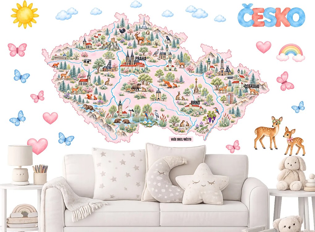 Mapa Česko pro holky dětské samolepky na stěnu arch 75 x 43 cm