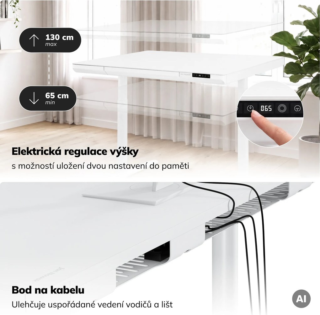 Elektrický psací stůl sit-stand se zásuvkou a bezdrátovou nabíječkou Qi bílý, 1600 mm: ELLIS