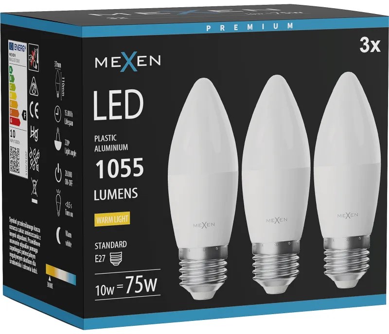 Mexen Nova 3x LED žárovka E27, C37, 10W, Teplá - 3000K, 1055 lm - L102-E27-1030-01x03