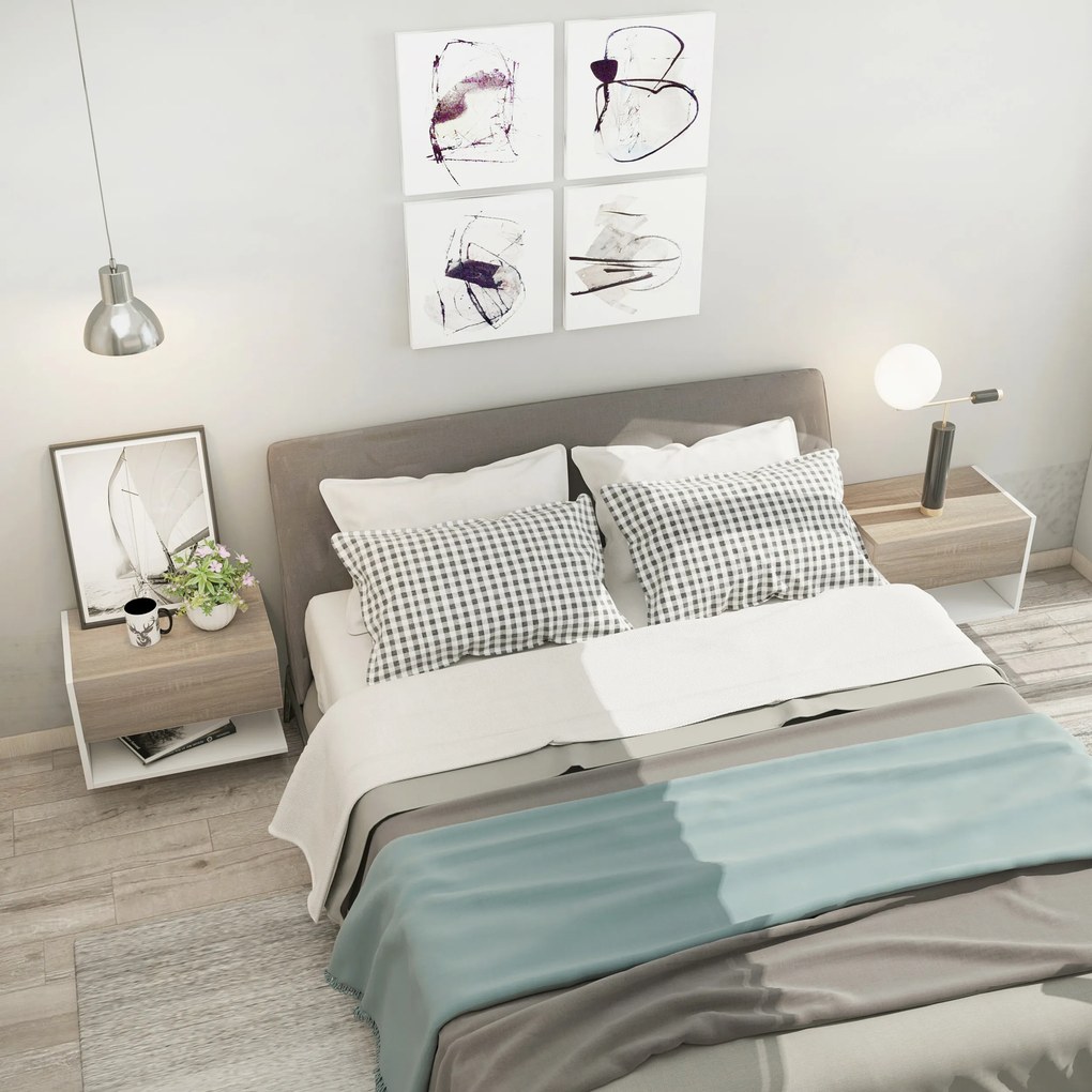 HOMCOM Sada 2 Floating Nočních Stolků Bez Noh K Hanging Noční Stolky s 1 Zásuvkou a Otevřenou Policou pro Ložnici 46x30x30 cm Dub a Bílá