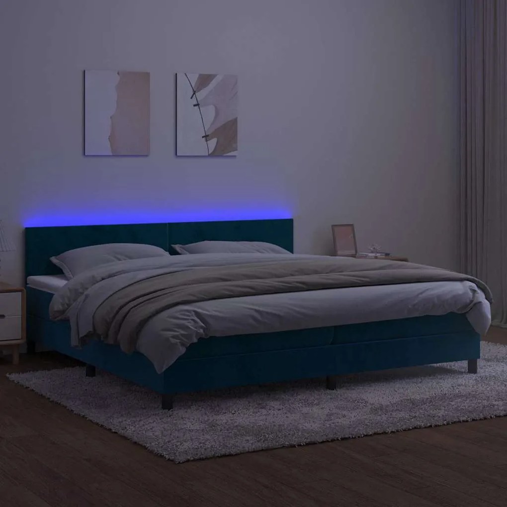Box spring postel s matrací a LED tmavě modrá 200x200 cm samet 3134307