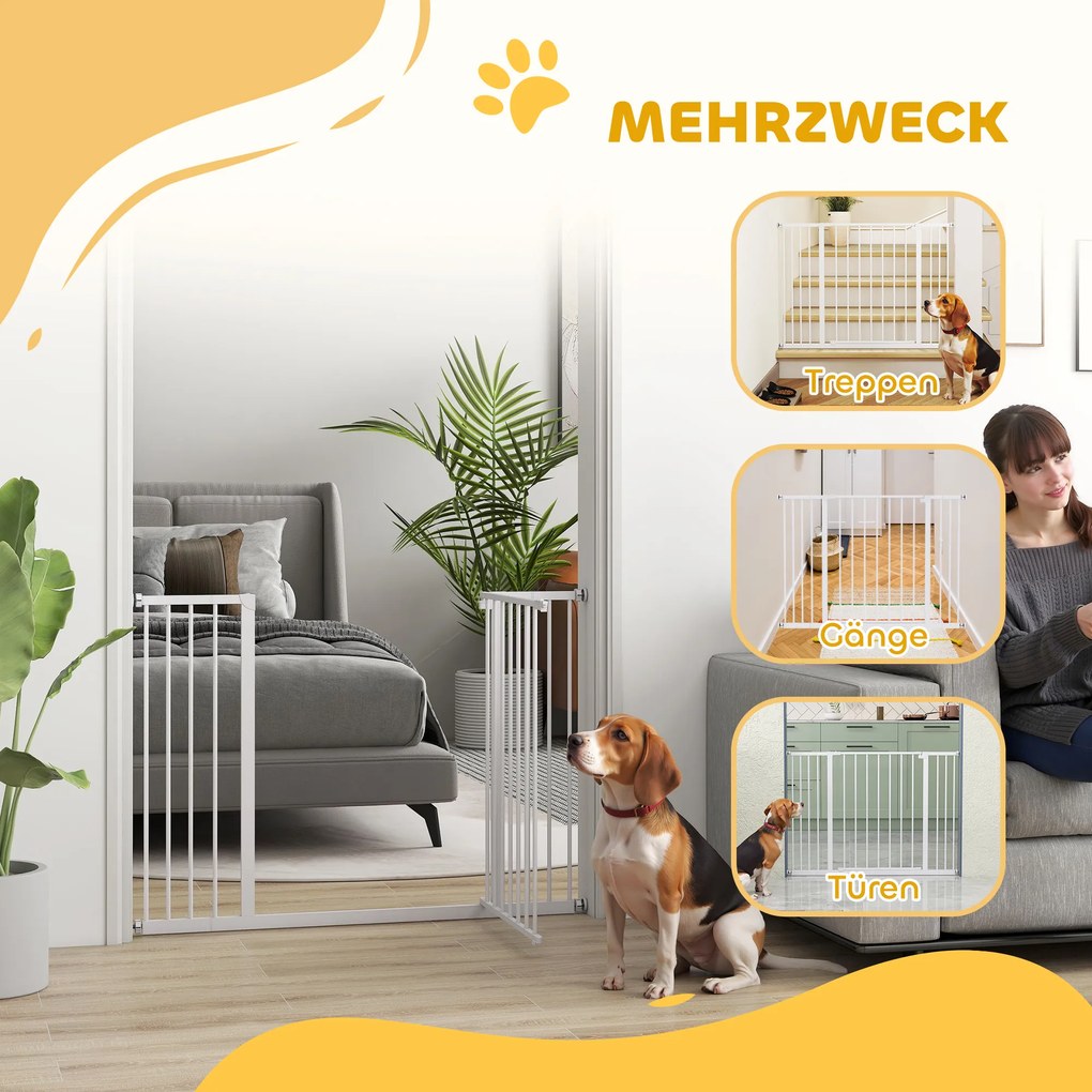 PawHut Schodišťová brána kovová ochrana dveří Bariérová brána nastavitelná bez vrtání 76-107x76cm Bílá