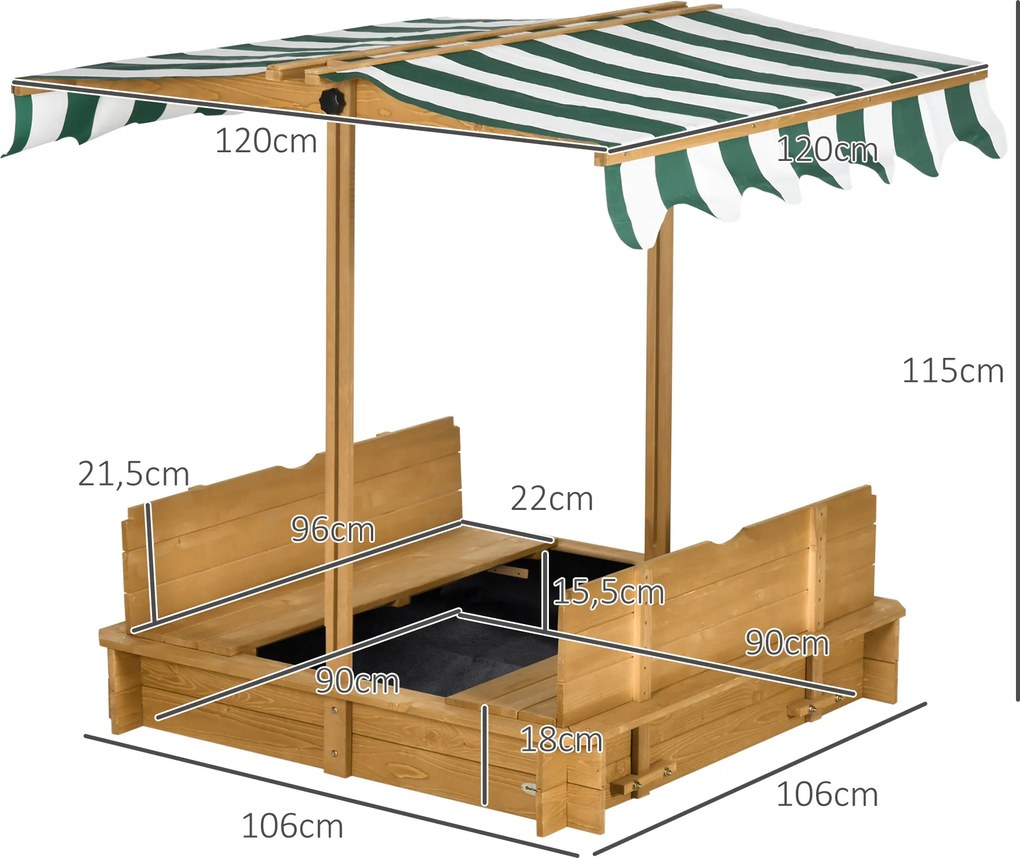 Pískoviště 106x106 cm Dětské pískoviště ze dřeva s výškově nastavitelným krytem lavičky opěradla světle hnědé barvy