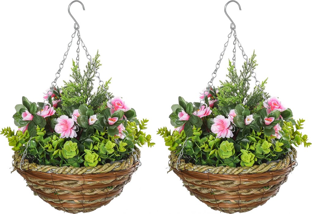 Outsunny Sada 2 Umělých Rostlin Lisianthus v Květináči s Háčkem, Umělé Rostliny z PE a Slinky, Ø25x34 cm, Zelená a Růžová | Aosom