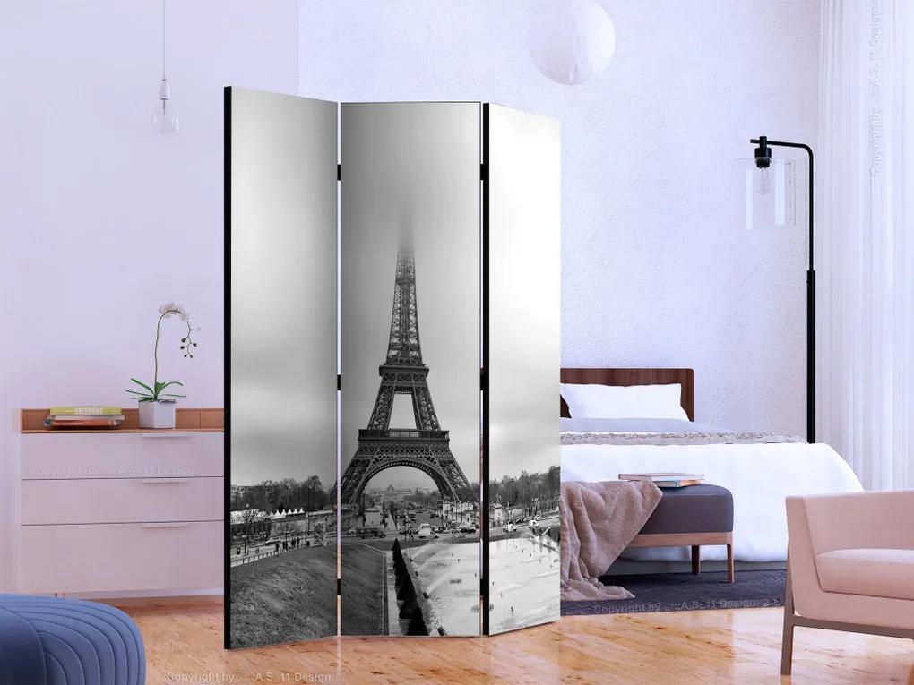 Pokojová zástěna Věž v mlze (3-dílný) - pařížská architektura v černé a bílé