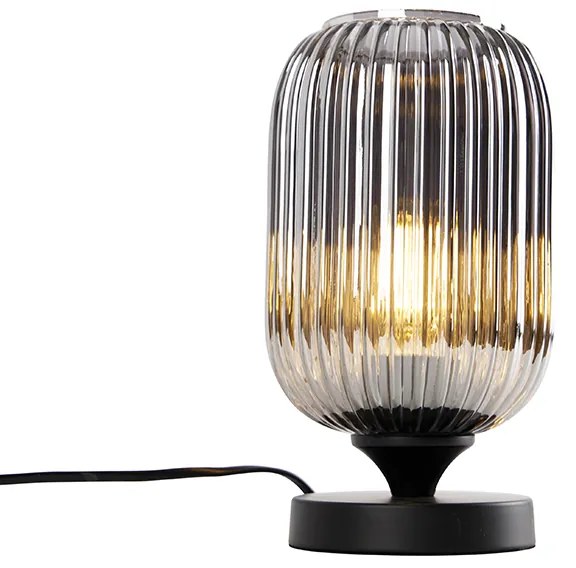 Stolní lampa Art Deco černá s kouřovým sklem - Banci