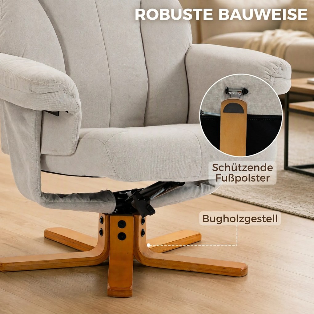 HOMCOM relaxační křeslo, opěradlo nastavitelné do 130°, otočné křeslo 360° s podnožkou, krémově bílé