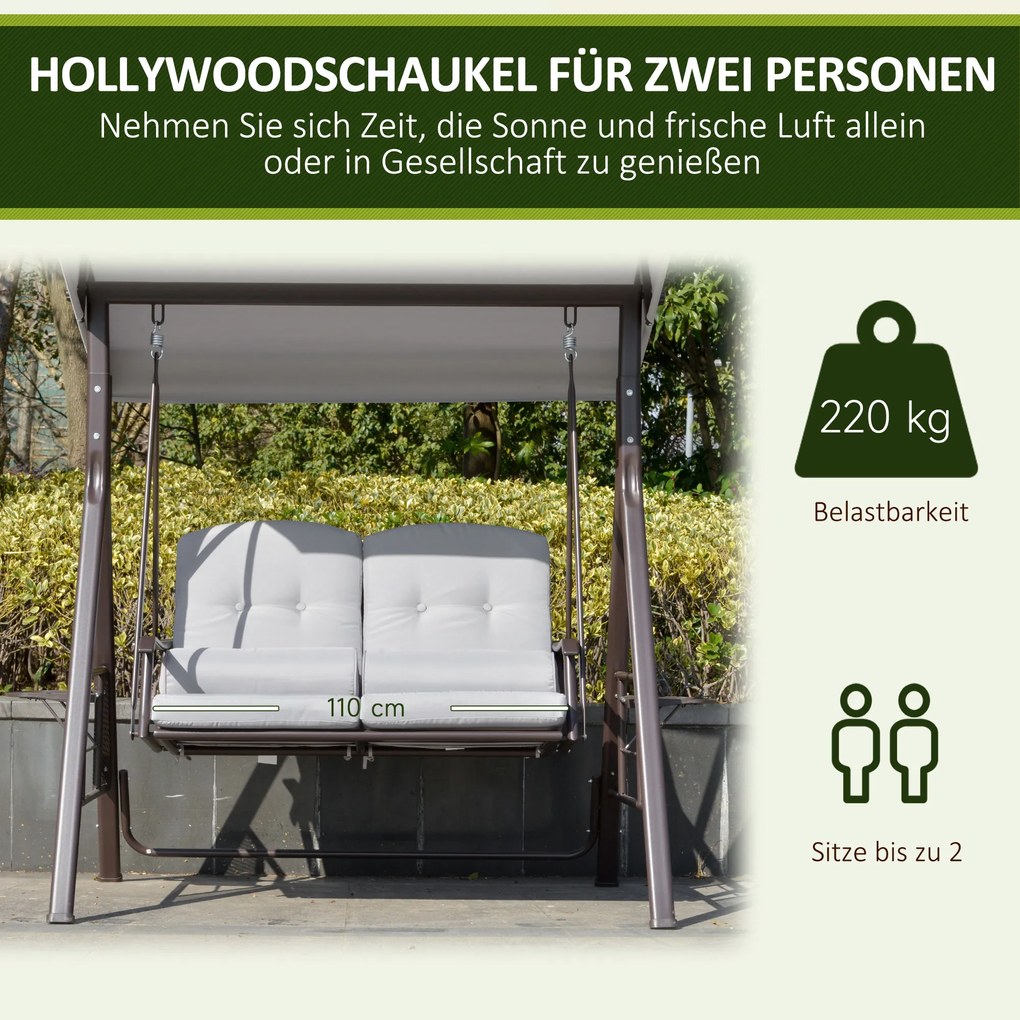 Dvoumístná hollywoodská houpačka Outsunny se sluneční stříškou, polštáři a podnosem, moderní zahradní houpačka z kovu a polyesteru, šedá, 162x118x173…