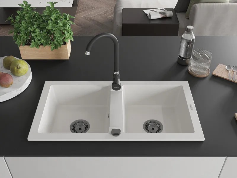 Mexen Mario, granitový dřez 820x436x161 mm, 2-komorový, bílá s černým sifonem, 6504822000-20-B
