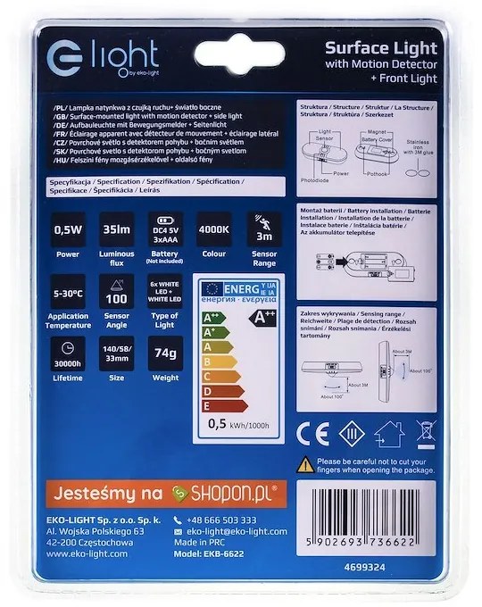 Nástěnné LED svítidlo, 1x LED 0,5w 4000k, w, pohybový senzor