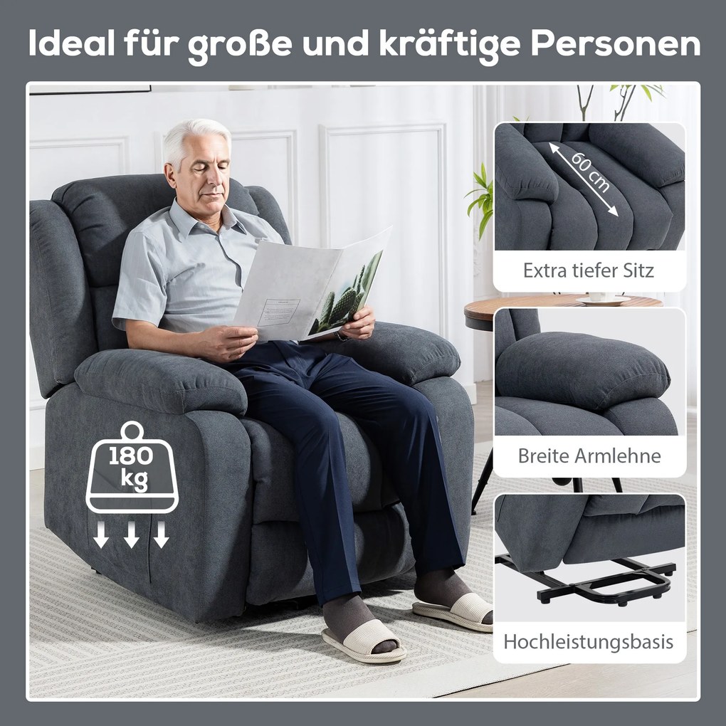 HOMCOM Televizní křeslo s funkcí vstávání, elektrické relaxační křeslo s funkcí ležení, masážní funkcí, 93x91x103 cm, tmavě šedé