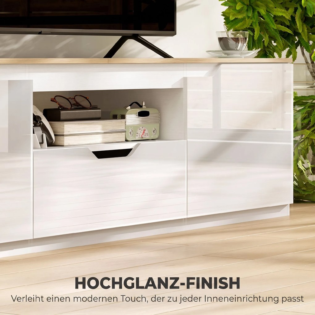 HOMCOM TV nízká komoda, vysoký lesk, pro televizi až 65'', 3 přihrádky, zásuvka, 160 x 38 x 43 cm, přírodní dřevo