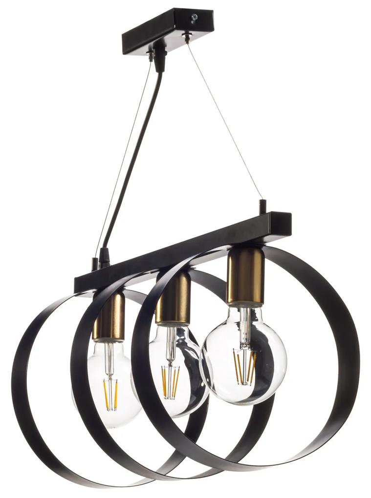 Light for home - Závěsné svítidlo na kovové liště na tři žárovky  s kruhovými stínítky z kovového pásu 14603 "Industriální Elegance", 3x60W, E27, Černá