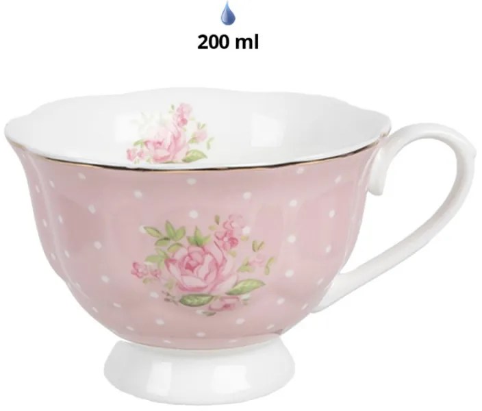 Růžový puntíkatý porcelánový šálek s podšálkem se vzorem růžiček Sweet Roses – 200 ml