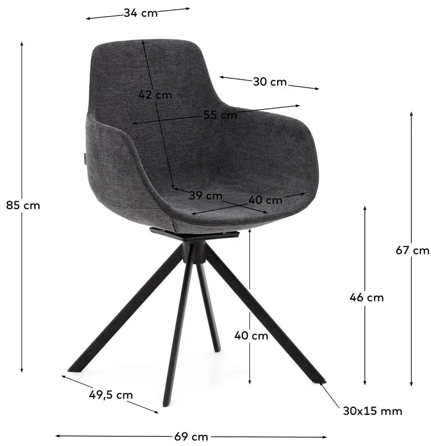 Tmavě šedá čalouněná jídelní křesla v sadě 2 ks s područkami Tissiana – Kave Home