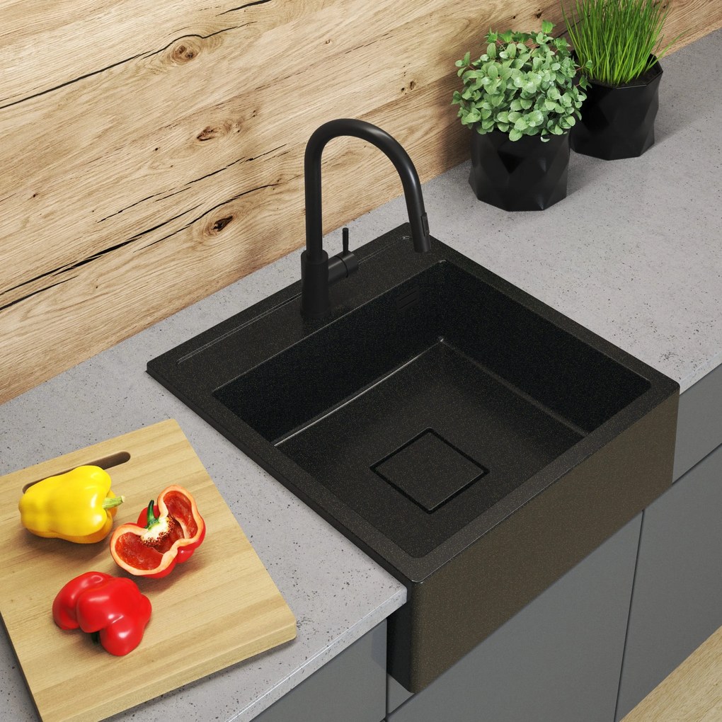 Gamma Farmerski, 1-komorový granitový dřez 600x630x210 mm, černá-zlatá, GMA-ZLE000211