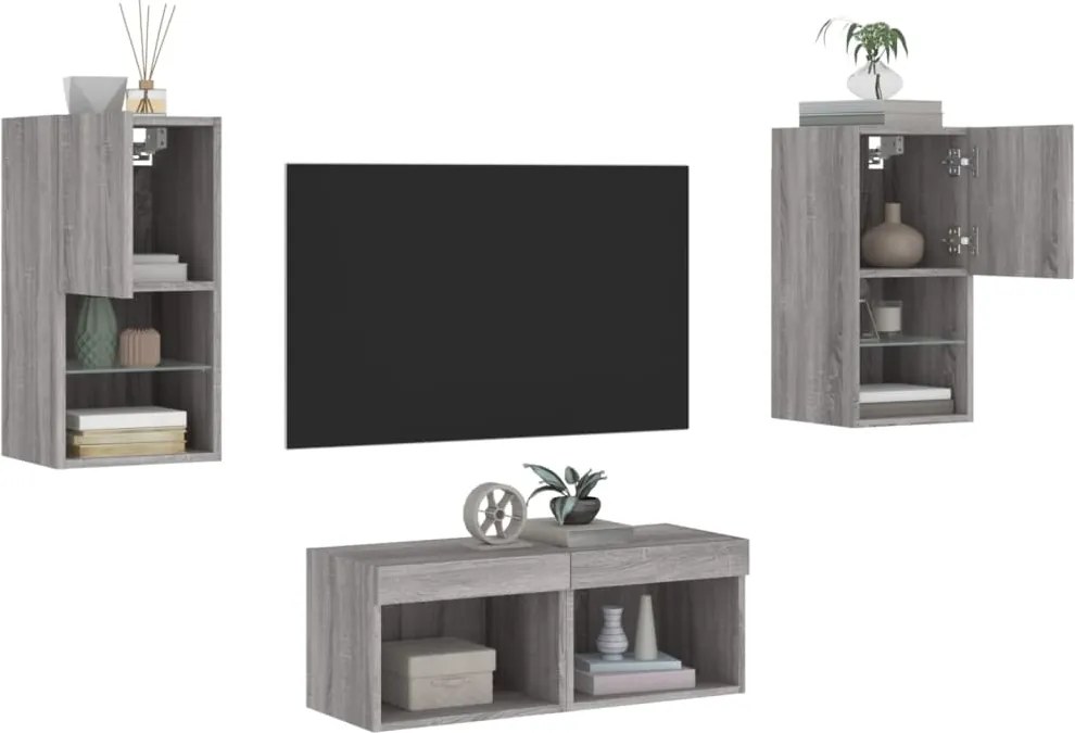 4dílná obývací stěna s LED osvětlením šedá sonoma 3216574