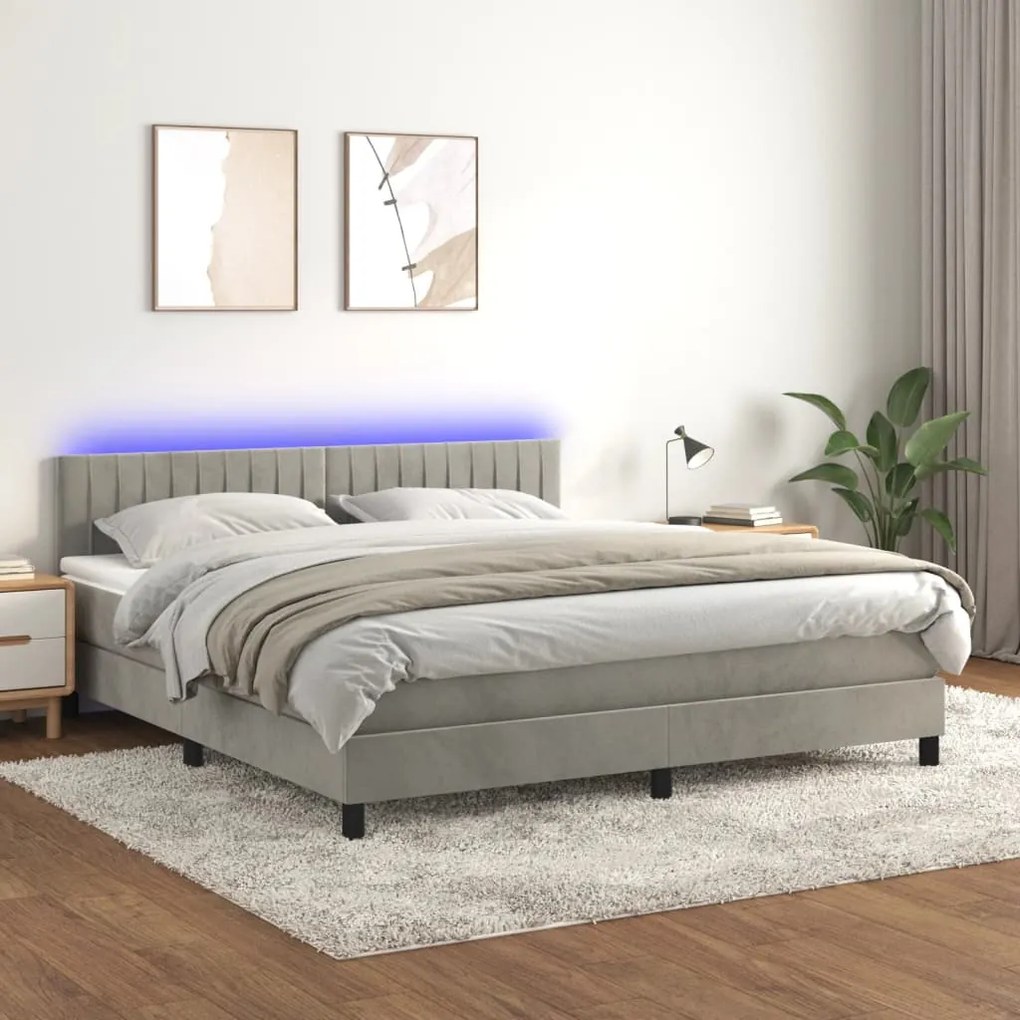 Box spring postel s matrací a LED světle šedá 180x200 cm samet