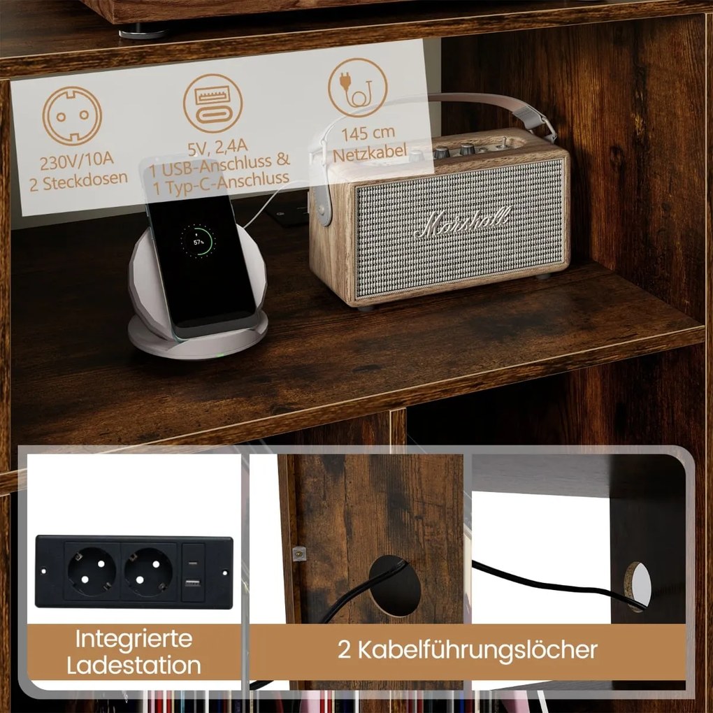 Costway 3 Řadový stojan na gramofon s nabíjecí stanicí a vinylovými úložnými