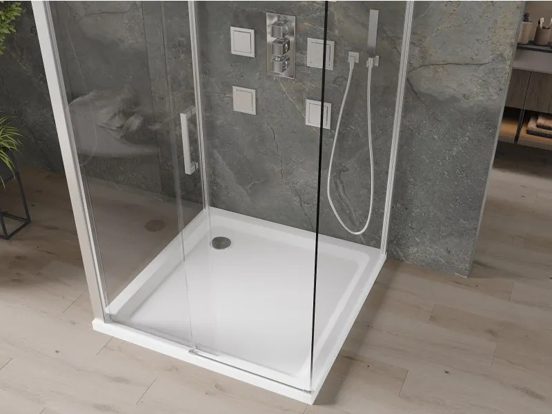 Mexen Omega, 3-stěnový sprchový kout s posuvnými dveřmi 100 (dveře) x 100 (stěna) x 190 cm, 8mm čiré sklo, chromový profil + bílá sprchová vanička SLIM, 825-100-100-01-00-3s-401