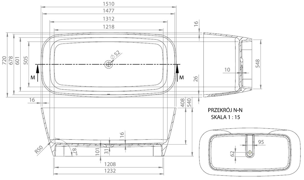 Vayer Volans volně stojící vana 151x72 litý mramor, s přepadem