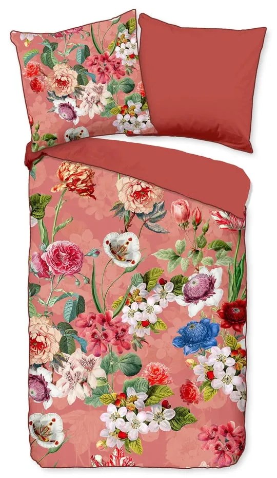 Oranžové povlečení na jednolůžko z organické bavlny Descanso Flowery, 140 x 220 cm