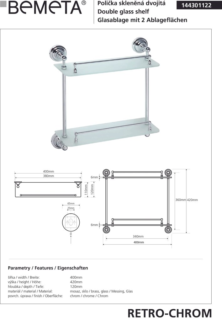 Bemeta Design RETRO chrom: Polička, 400 mm, dvojitá, sklo -