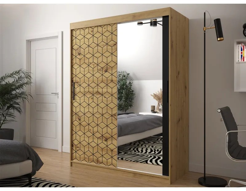 Šatní skříň s posuvnými dveřmi se zrcadlem Arituda II 150, Úložný prostor: ano, Barva: dub artisan / dub artisan + černá
