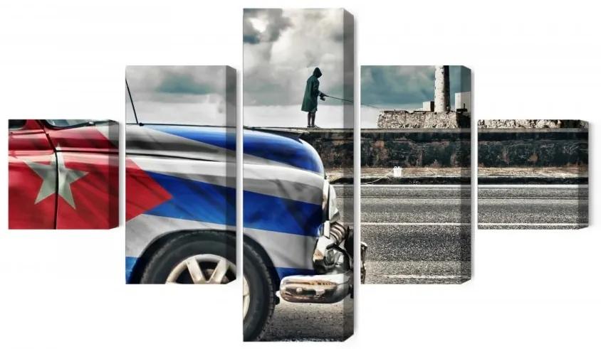Vícedílný obraz Auto S Kubánskou Vlajkou V Ulicích Havany Nedostatek Nedostatek Přírodní plátno 200x120
