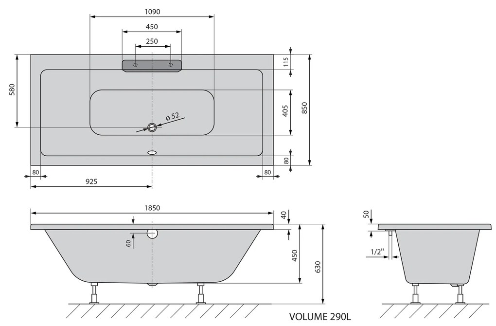 Polysan Cascata obdélníková vana 185 x 85 cm kaskáda bílá akrylát bílá 73836.101