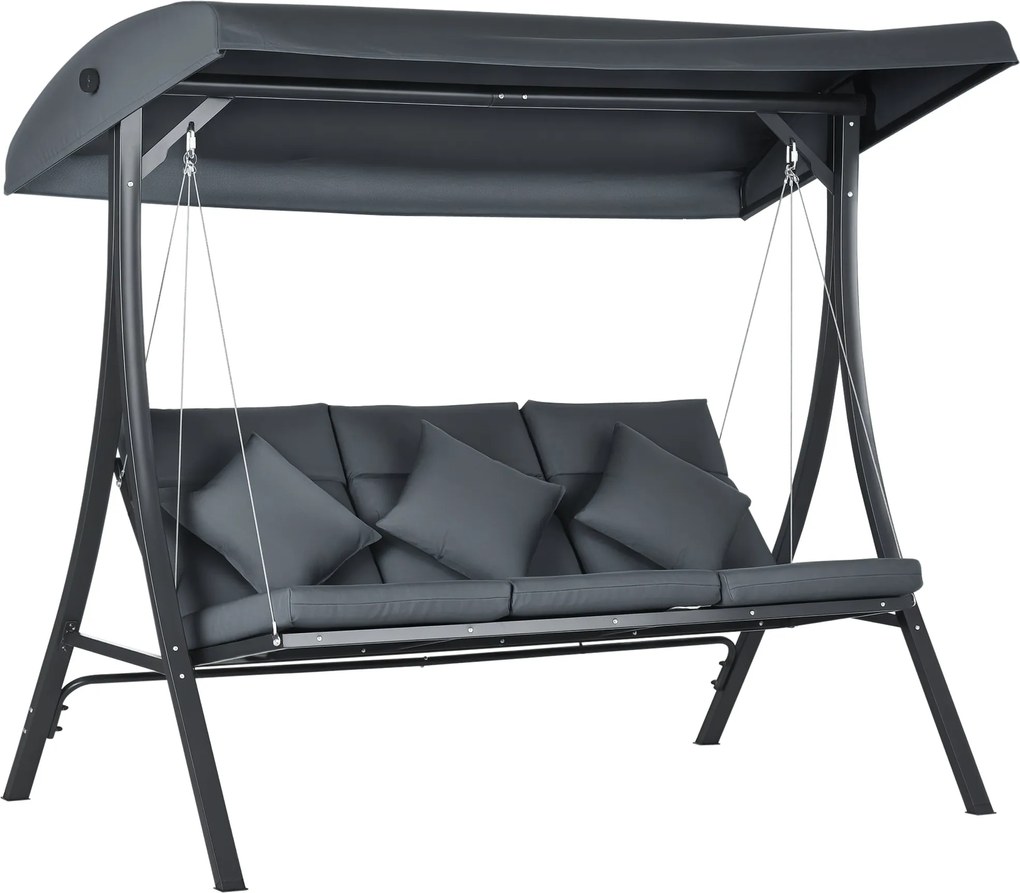 Zahradní houpačka Outsunny pro 3 osoby s nastavitelnou markýzou, 3 polštáři a ocelovou konstrukcí pro terasu, balkon, zátěž 320 kg, 202x115x168 cm, tm