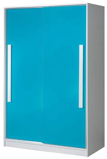 Šatní skříň s posuvnými dveřmi GULIVER 12 Domel 120/191/60 barva: bílý mat/růžový lesk/modré úchyty