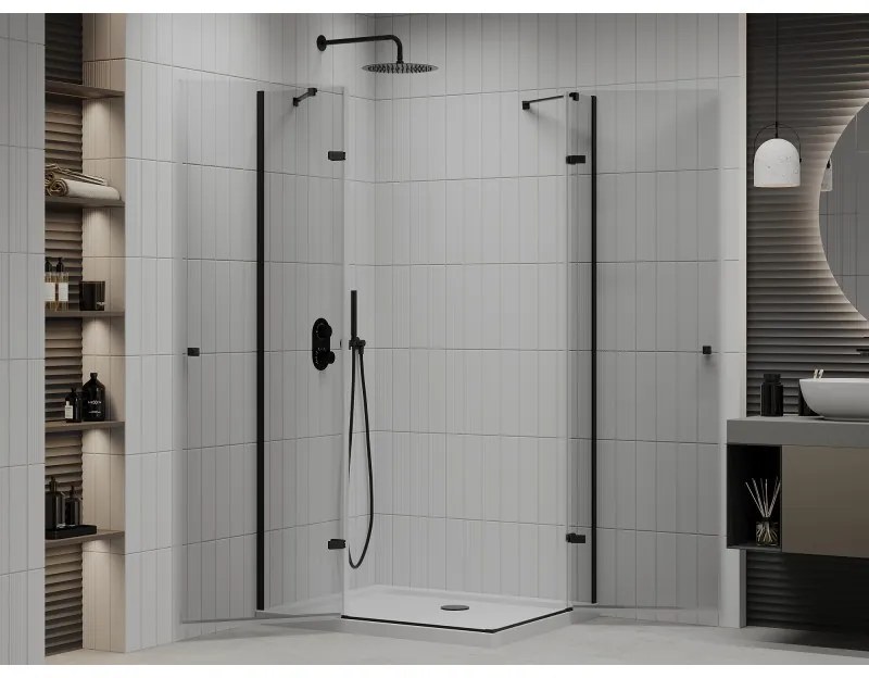 Mexen Roma Duo sprchový kout s otočnými dveřmi 90 x 80 cm, Průhledné, Černá + sprchová vanička Flat - 854-090-080-70-02-4010B