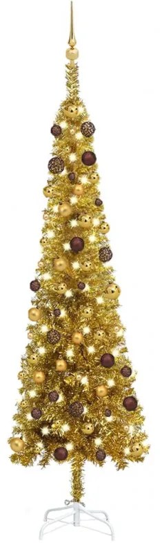 Úzký vánoční stromek s LED a sadou koulí zlatý 210 cm,  3078047 HangarStore.cz