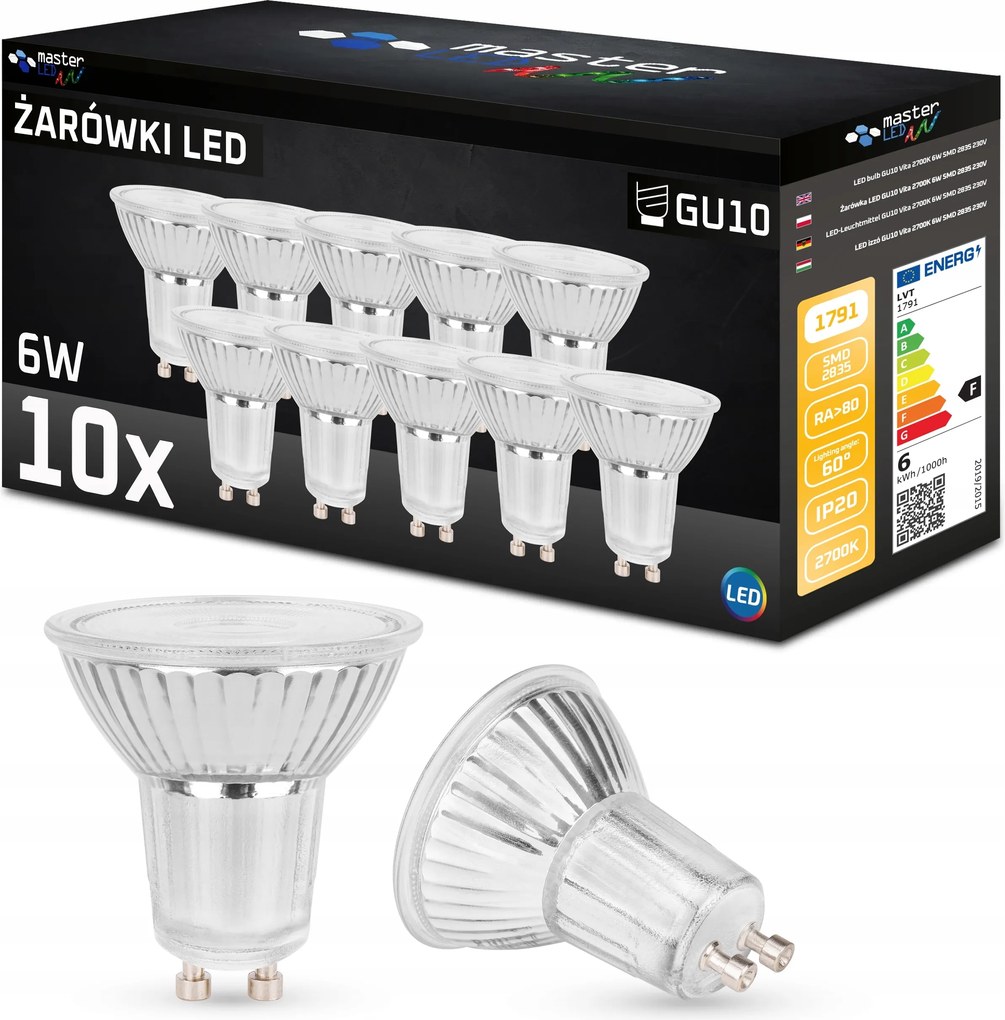 10x Led žárovka GU10 6W teplá bílá 2700K DIMM Silná Stmívatelná Premium