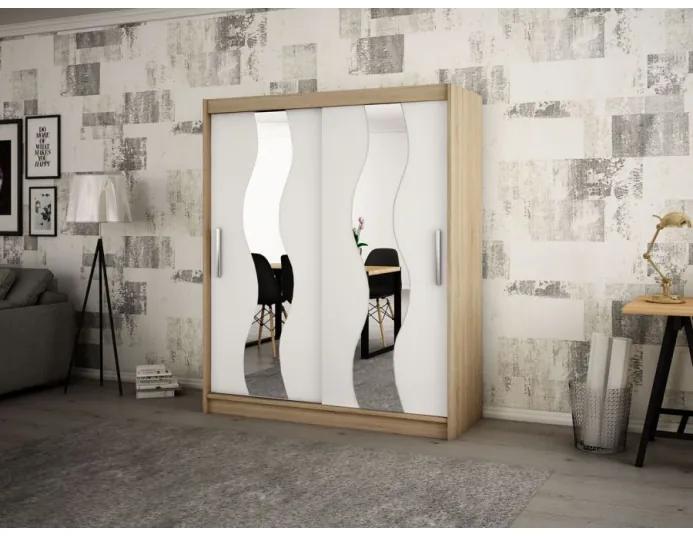 Krásná šatní skříň s ozdobnými zrcadly a posuvnými dveřmi Irma 150 v barvě dub sonoma-bílá