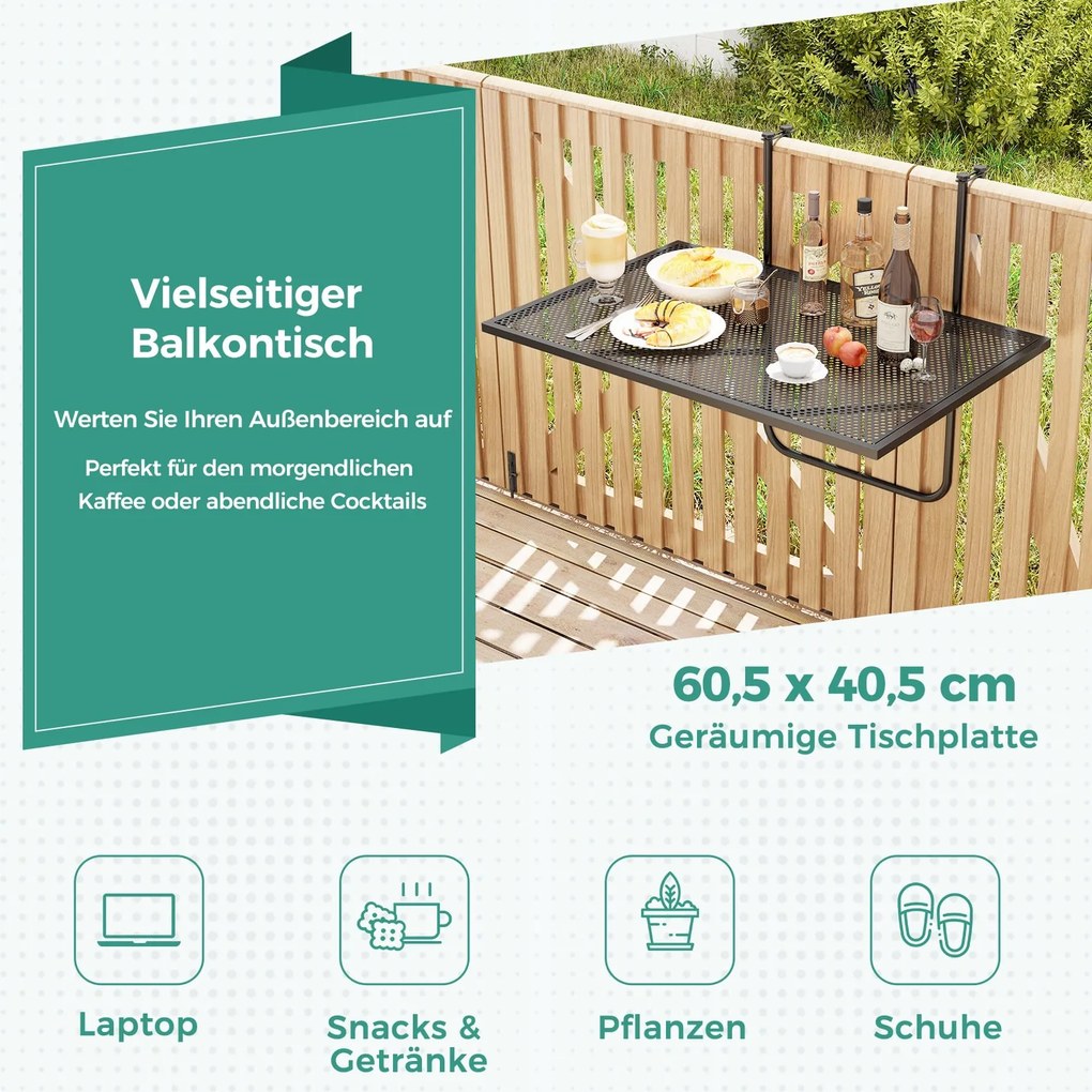 Costway Skládací balkonový stůl, obdélníkový na zavěšení, kovový
