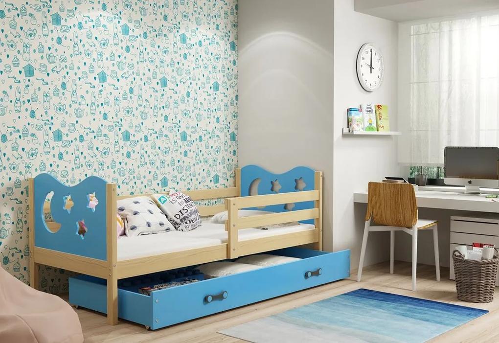 Dětská postel KAMIL + ÚP + matrace + rošt ZDARMA, 90x200, borovice, blankytná