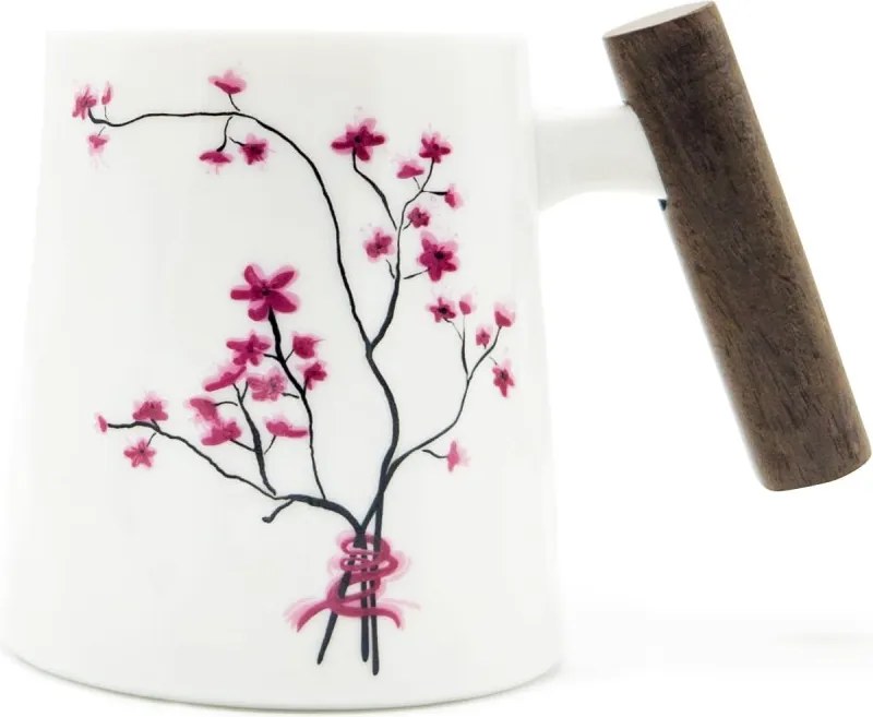 Porcelánový hrnek s dřevěnou rukojetí Sakura, 400 ml – bílý, s motivem sakury a vlnkovým reliéfem