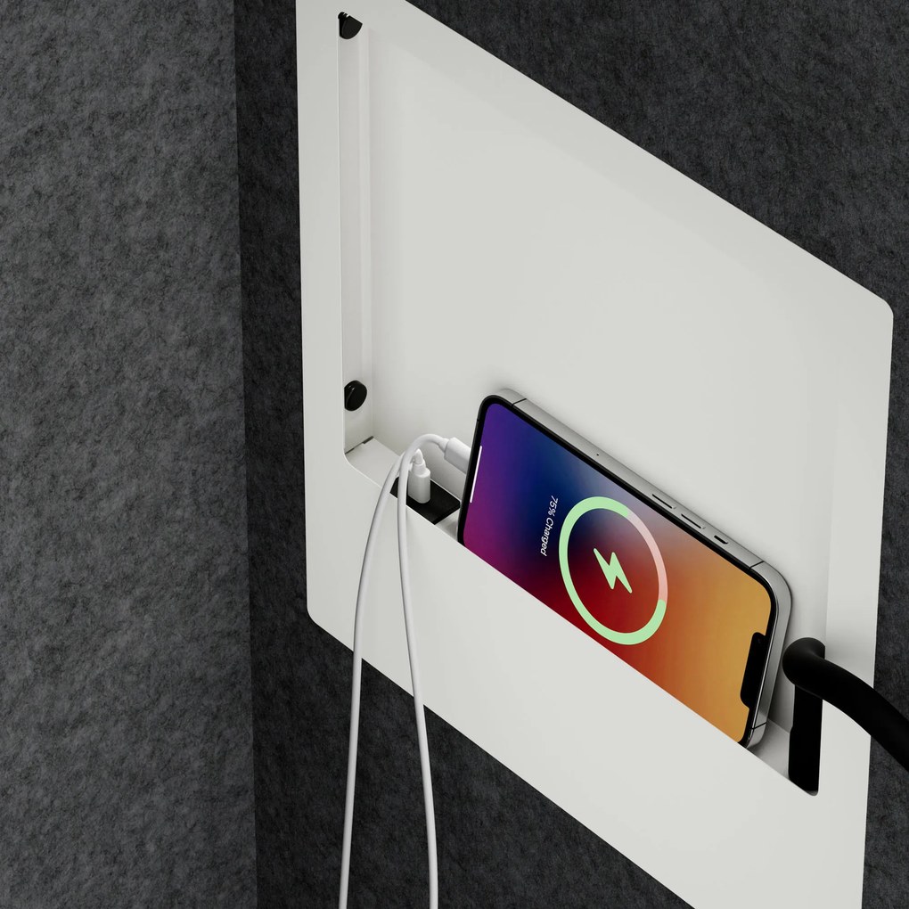 Kancelářská akustická kabina se sedátkem a USB-C portem, korpus bílý / sedák tmavě šedá, 600 mm: SALLY MentalBox