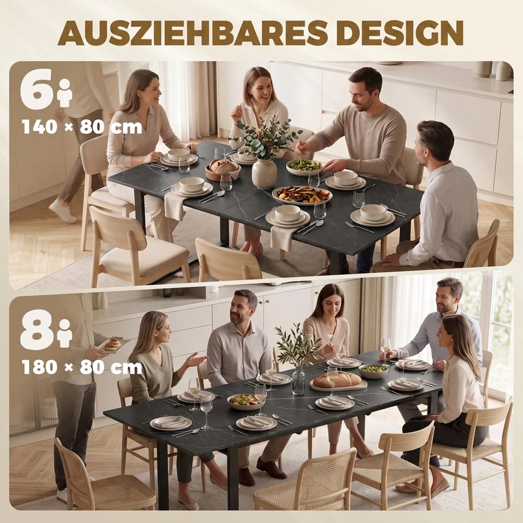 HOMCOM Rozkládací jídelní stůl 140-180 cm pro 6-8 osob, obdélníkový v industriálním designu s ocelovou konstrukcí, černá