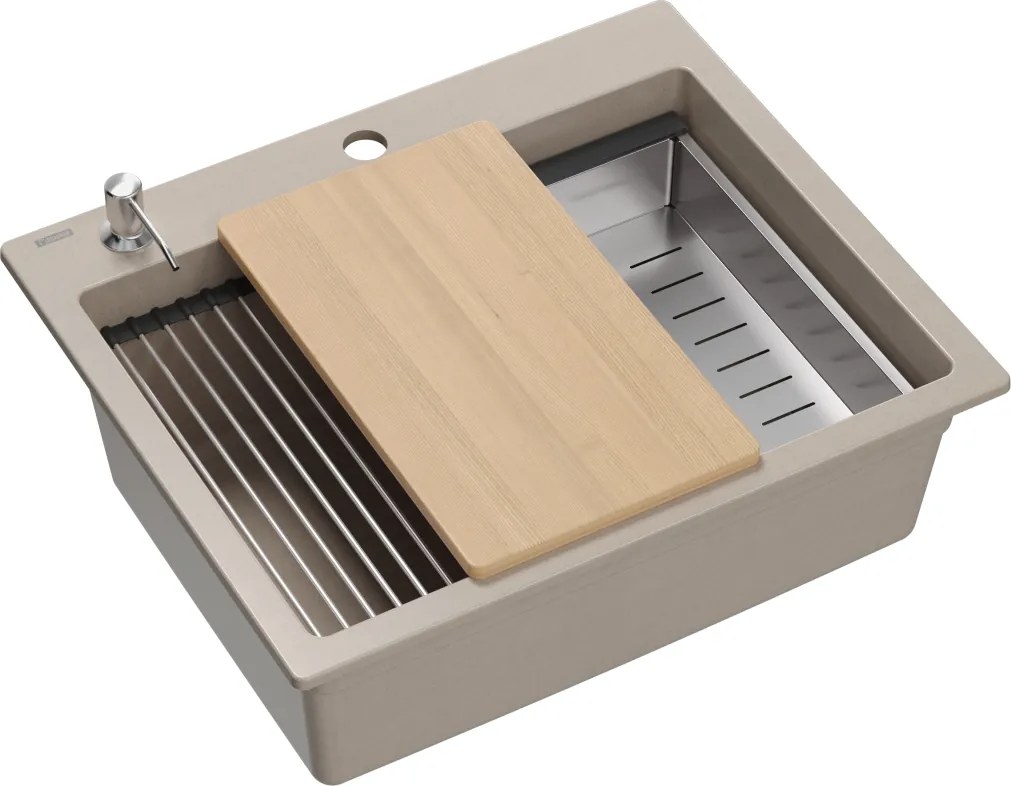 Béžový kuchyňský granitový dřez QUADRON Kurt 110 s příslušenstvím bez baterie
