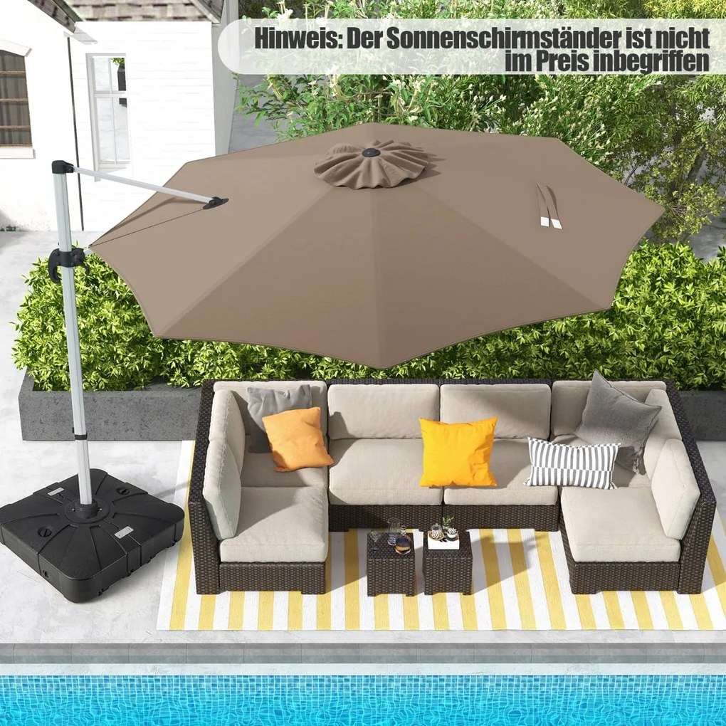 Costway Slunečník Ø 330 cm s klikou a UPF 50+ a 360° otočný, hnědý