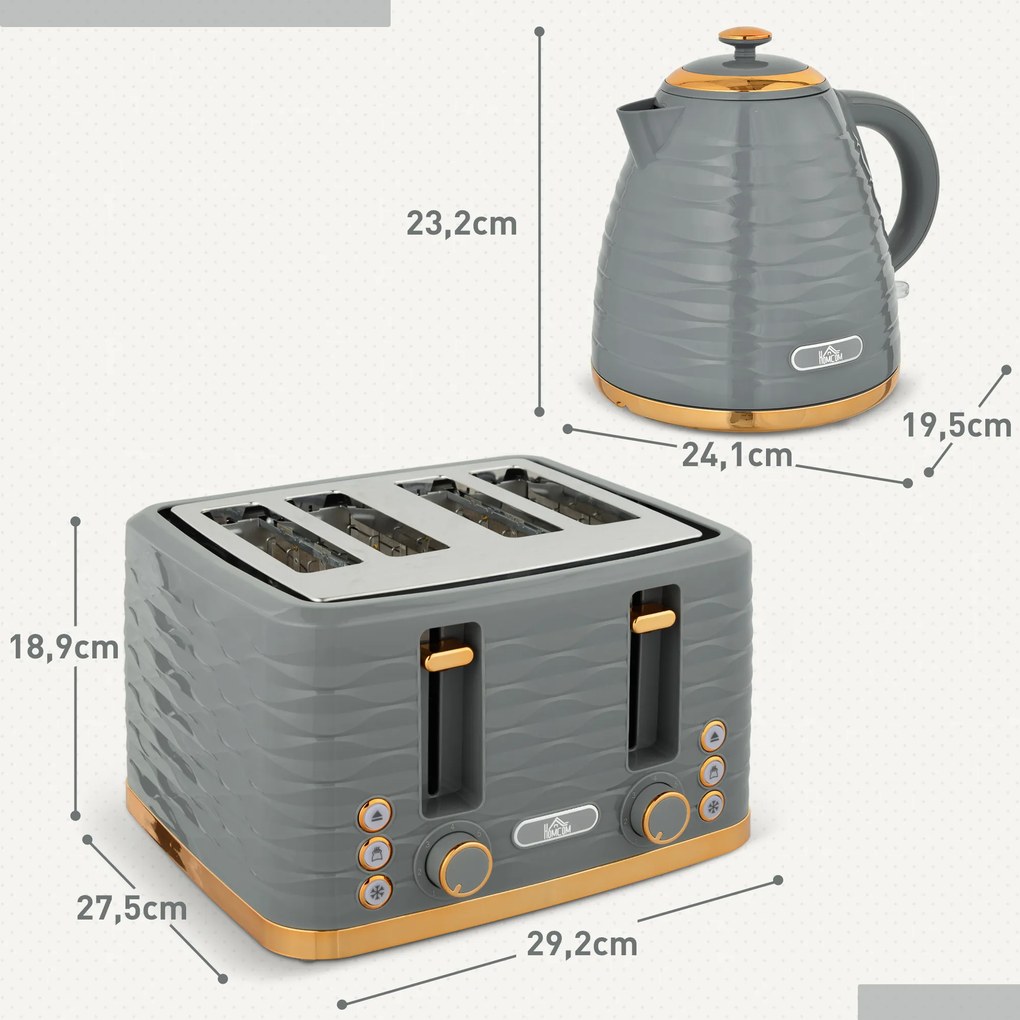 HOMCOM snídaňový set konvice a topinkovač 1,5 l konvice 4 plátky topinkovače 3000 W 7 stupňů propečení rozmrazování a ohřívání Šedá | Aosom.de