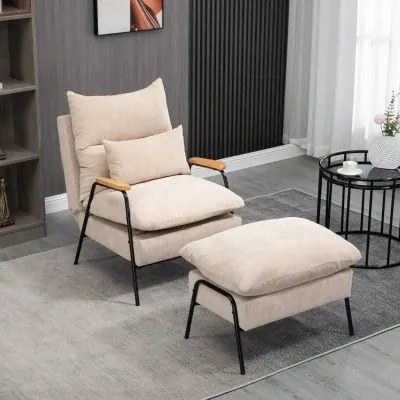 HOMCOM čalouněné křeslo s podnožkou, relaxační křeslo s funkcí ležení, čalouněná židle, polštář, televizní křeslo, 68 x 91,5 x 88 cm, béžová