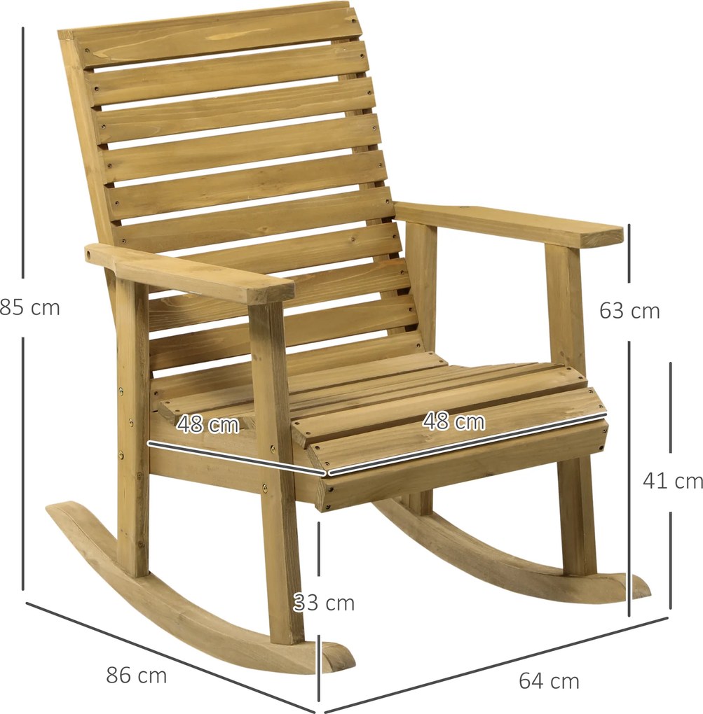Houpací křeslo Outsunny s opěrkami, zahradní křeslo pro relaxaci na balkoně a terase, nosnost do 130 kg, borové dřevo, světle hnědé 64 x 86 x 85 cm