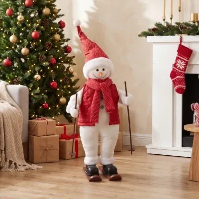HOMCOM Zpívající lyžařský Santa Claus, 65 cm, animovaná vánoční postava se lyžemi, holemi a aktivací zvukem / dotykem